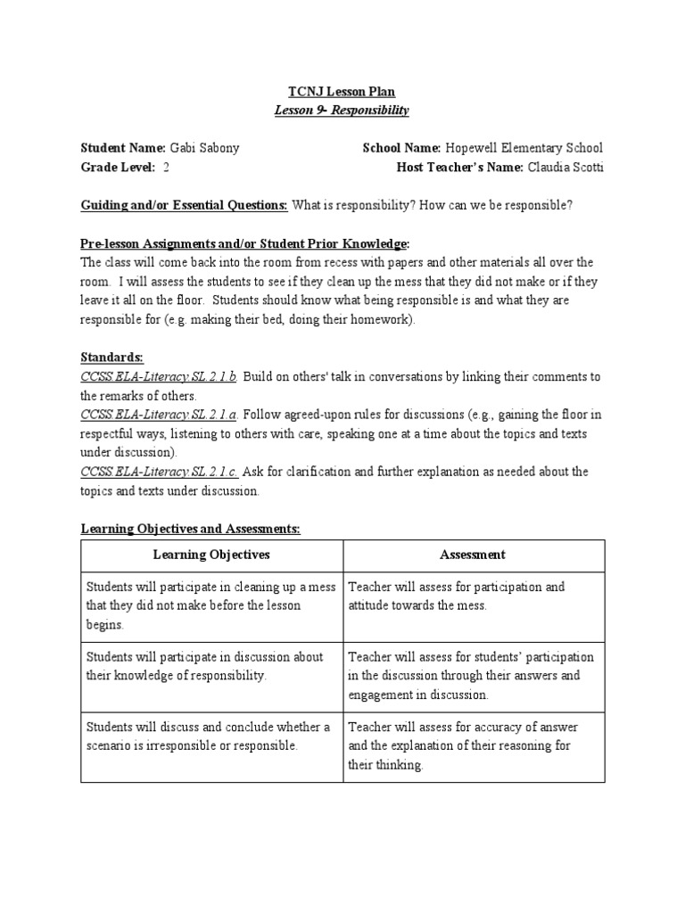 Lesson9 Responsibility | PDF | Lesson Plan | Quality Of Life