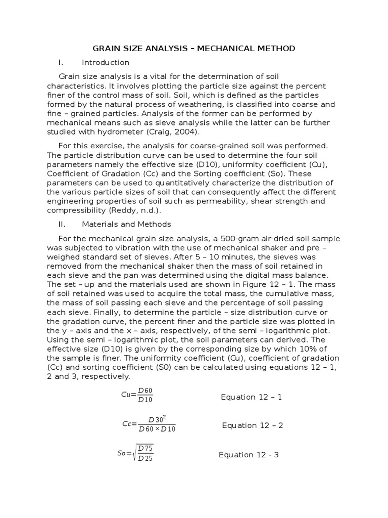 Grain Size Analysis - Mechanical Method: Cu D60 D10 CC D30 D 60 × D 10 ...
