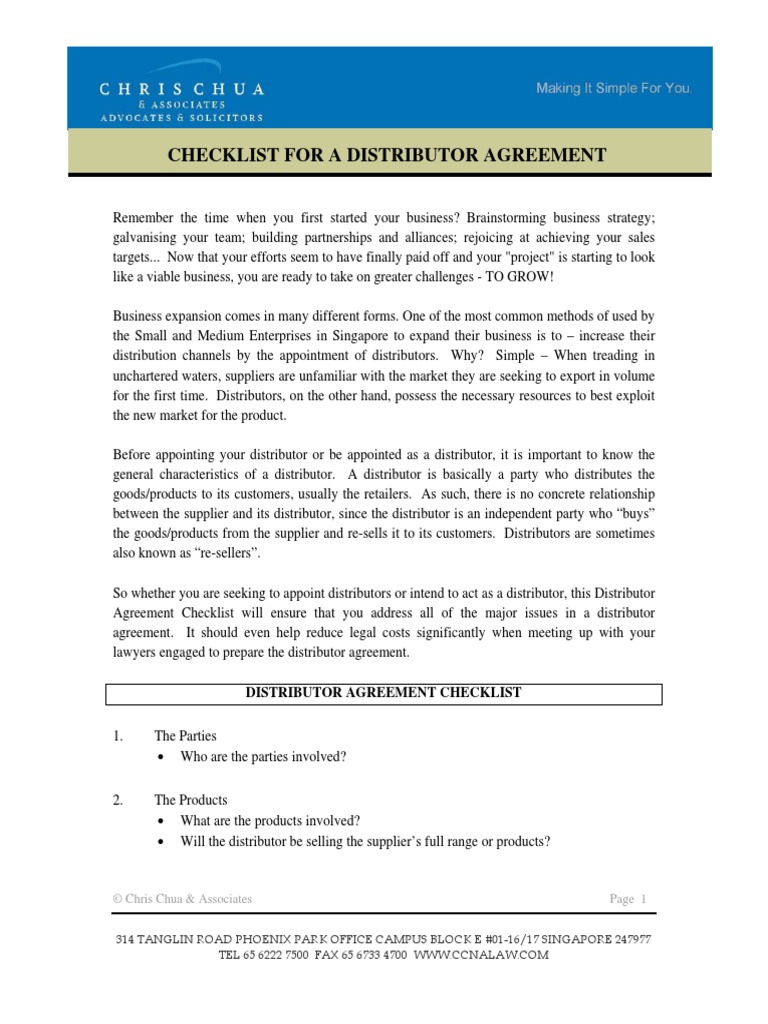 Checklist For Distributor Agreement | PDF | Private Law | Business