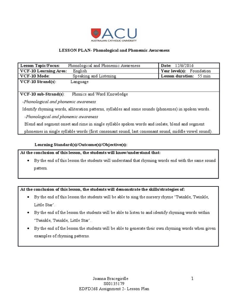Edfd268 Assignment 2 Lesson Plan | PDF | Syllable | Phoneme