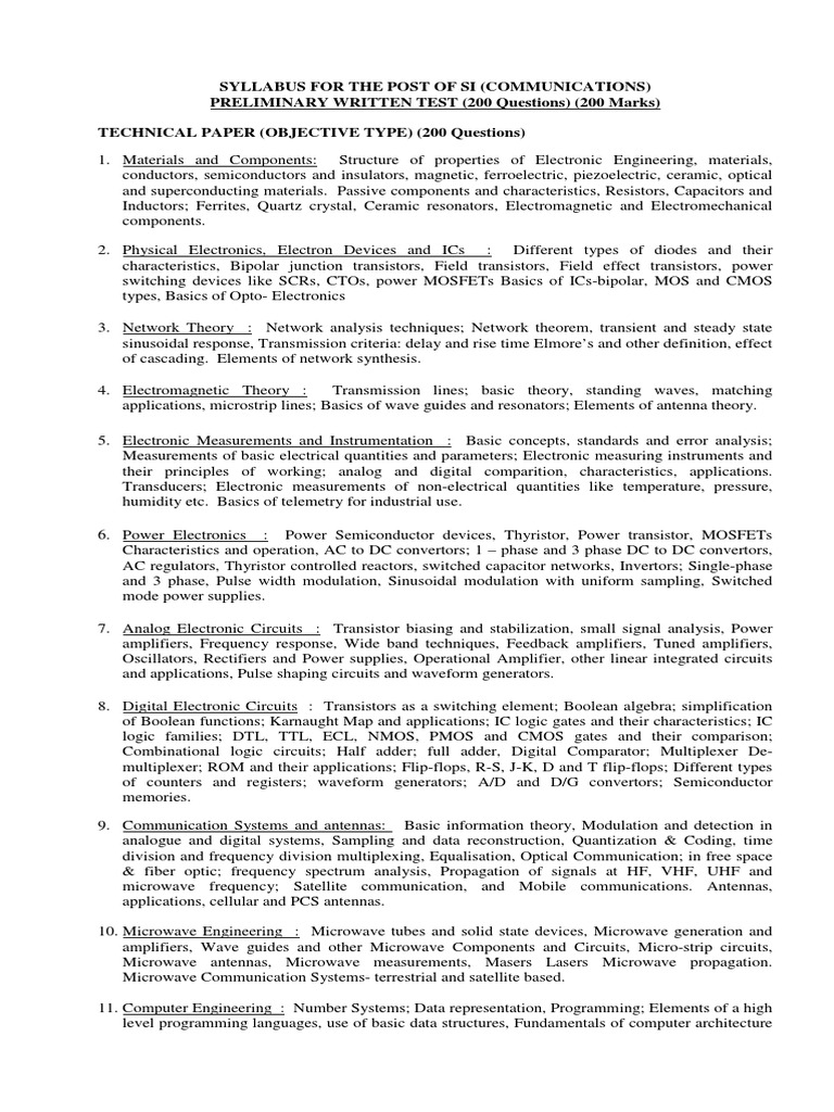 Syllabus For The Post of Si (Communications) PRELIMINARY WRITTEN TEST ...