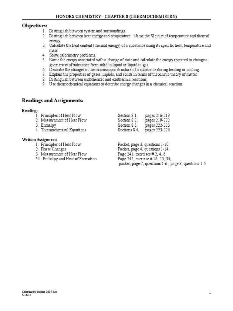Thermochemistry Worksheet