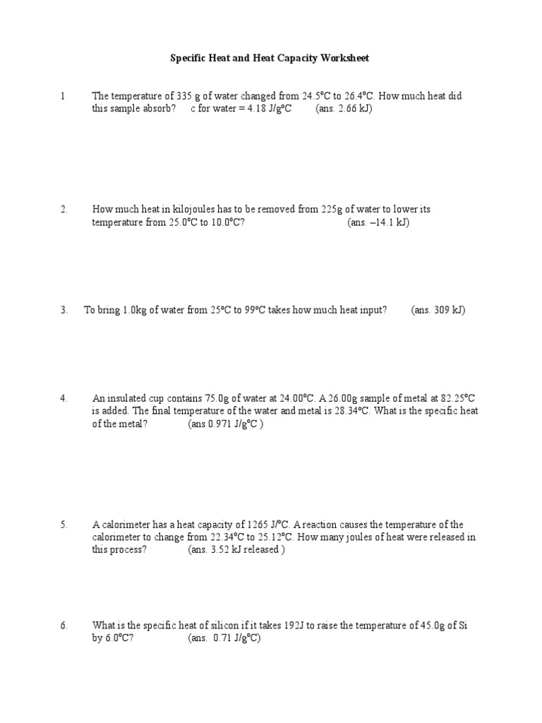 Specific Heat Capacity Worksheet | PDF | Precipitation (Chemistry) | Heat