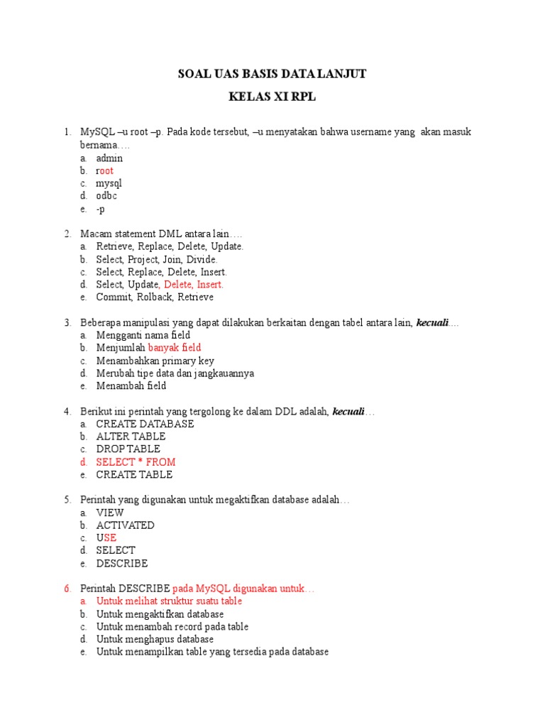 Soal UAS Basis Data Lanjut Kelas XI RPL | PDF | Teknologi & Rekayasa