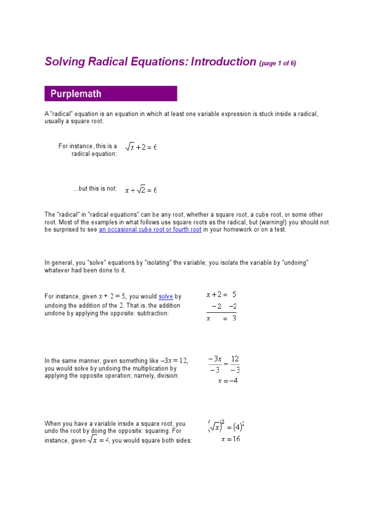 Solving Radical Equations | PDF | Quadratic Equation | Equations