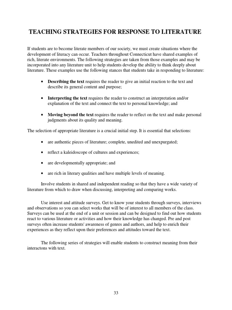 Teaching Strategies For Response To Literature | PDF | Reading (Process ...