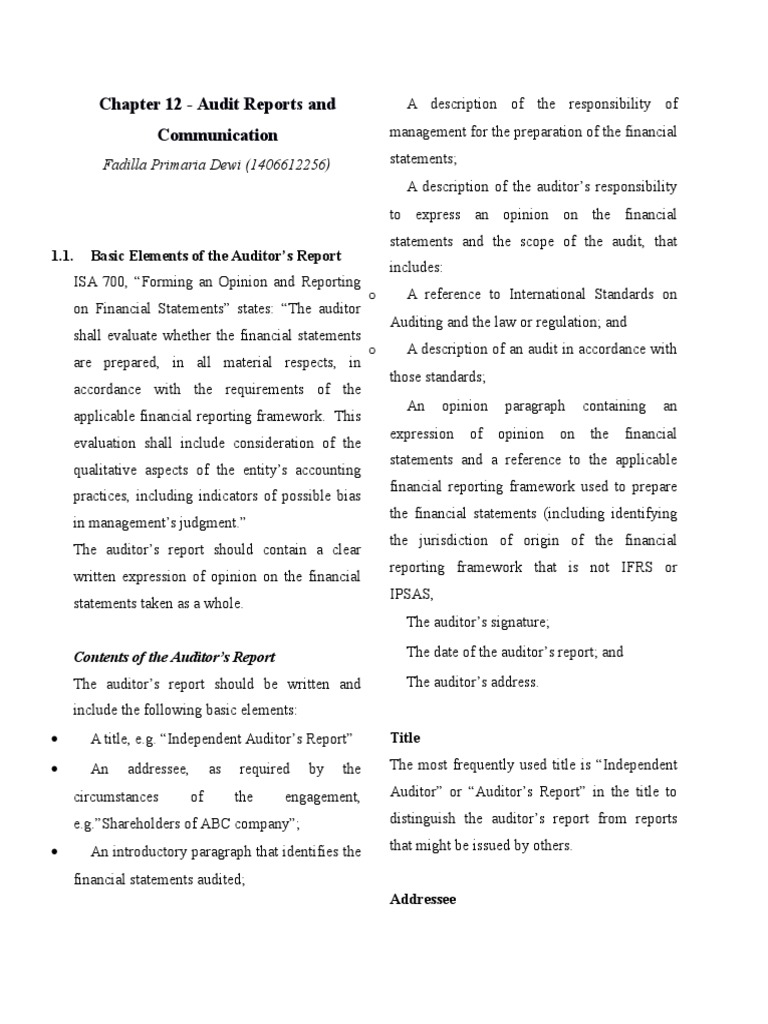 Audit Chapter 12 - Summary | PDF | Auditor's Report | Going Concern