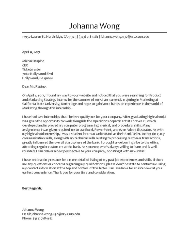 Cover Letter Ticketmaster