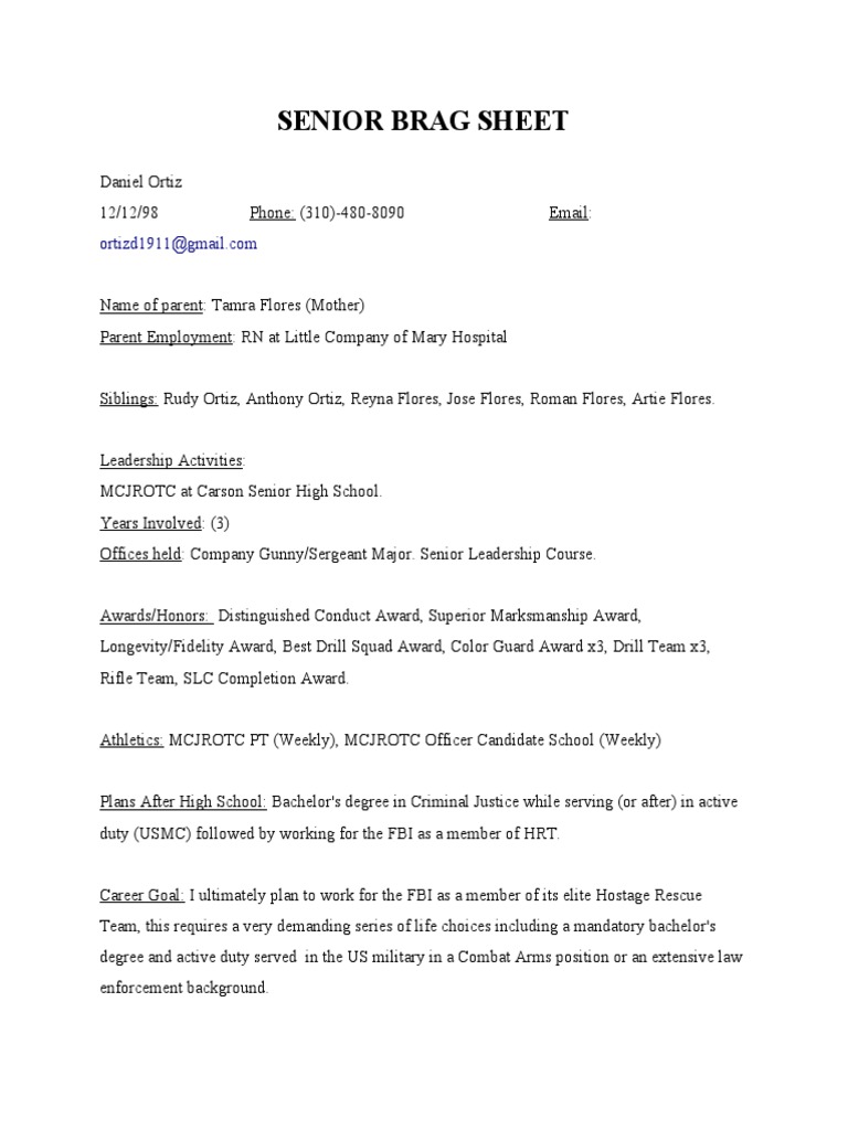 Daniel Ortiz Senior Brag Sheet | PDF