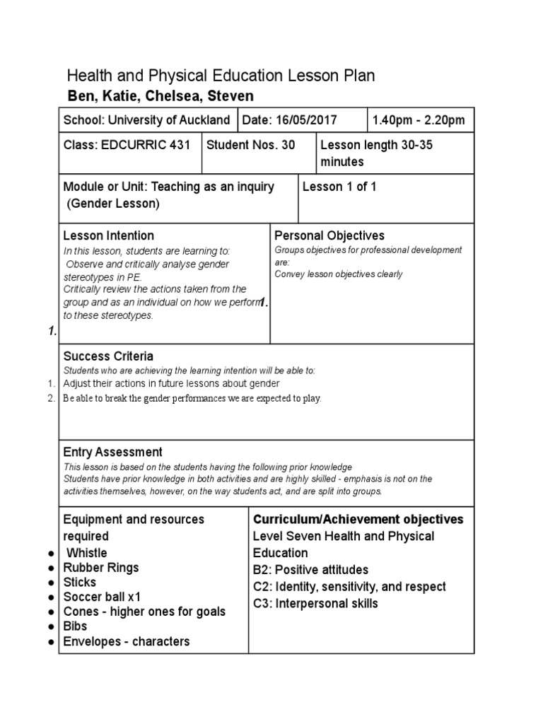 Health and Physical Education Lesson Plan: Ben, Katie, Chelsea, Steven ...