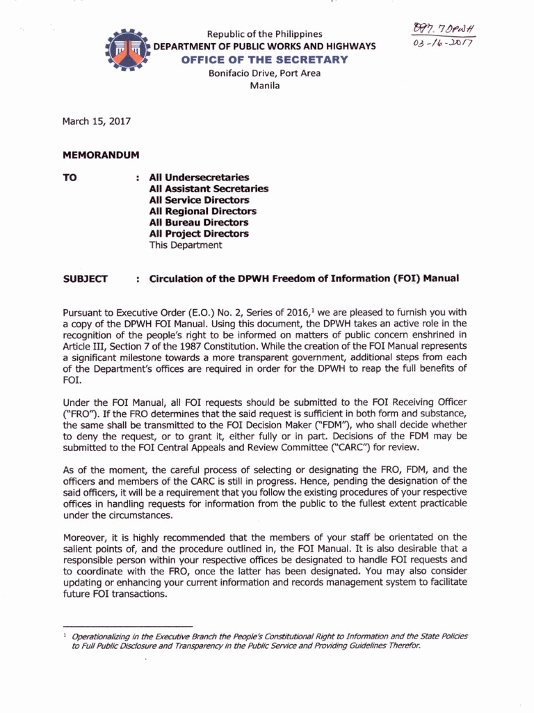 DPWH Freedom of Information Manual | PDF | Freedom Of Information Laws ...