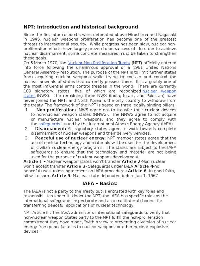 NPT: Introduction and Historical Background: Nuclear Non-Proliferation ...