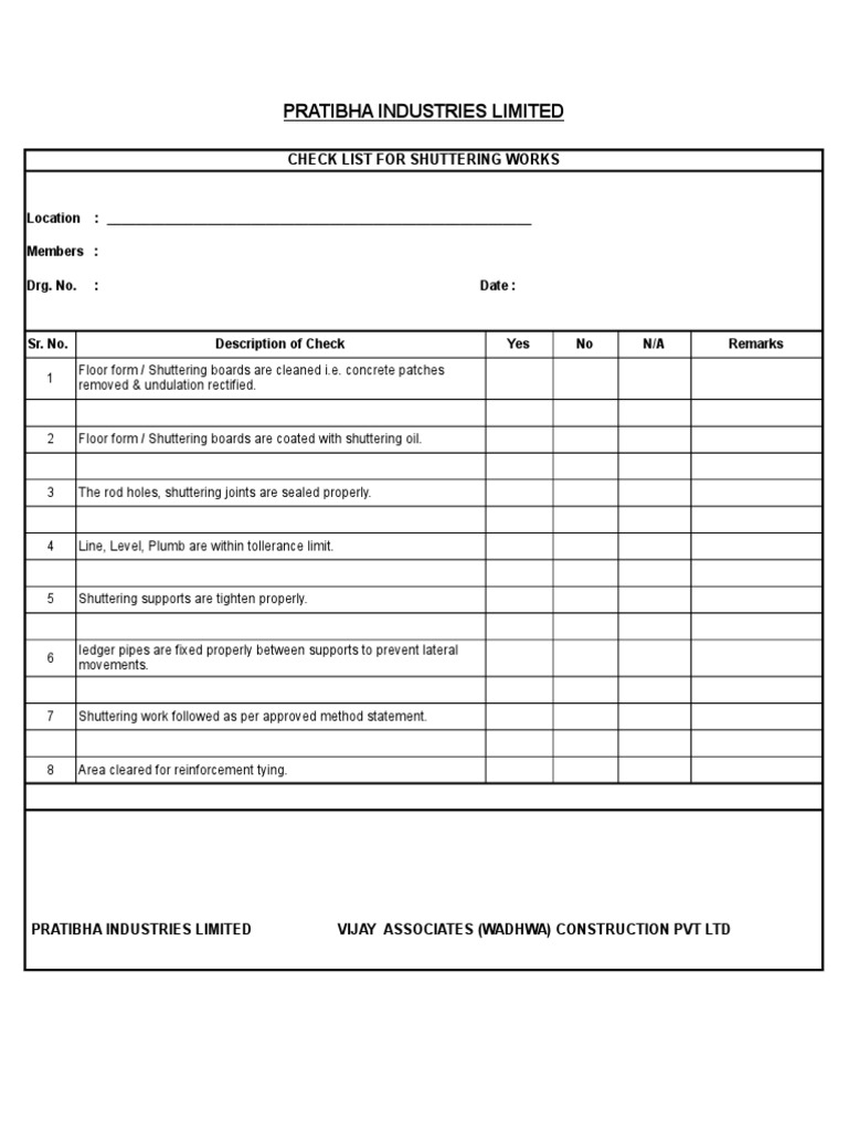 Check List for Shuttering Works