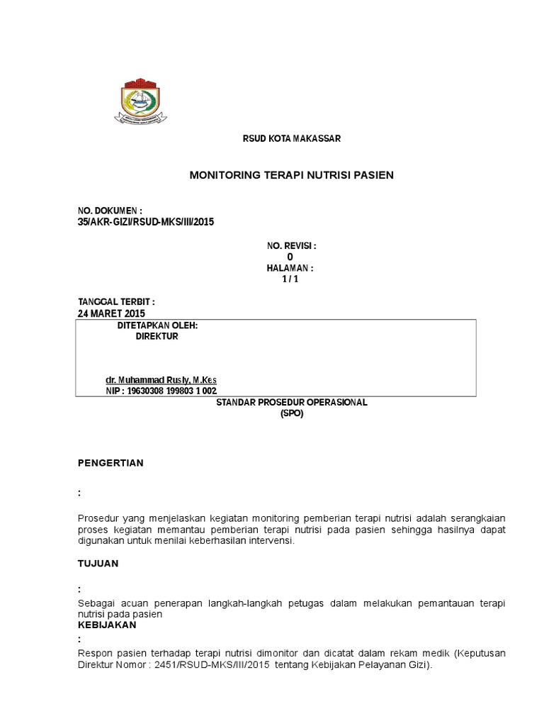 Sop Monitoring Terapi Nutrisi Pasien | PDF