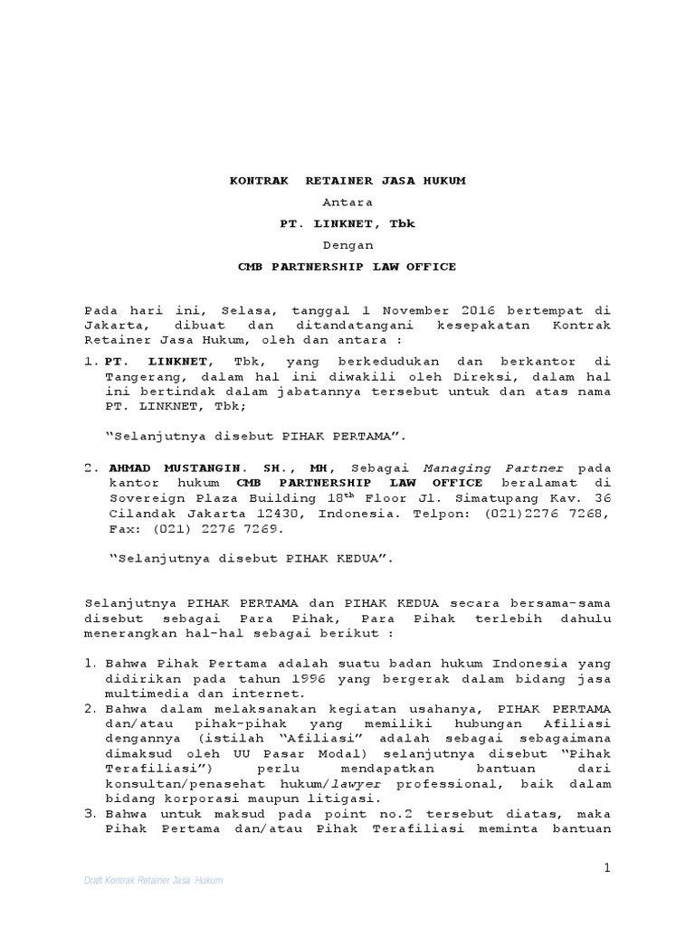Draft Kontrak Retainer CMB - PT. LINKNET, TBK | PDF