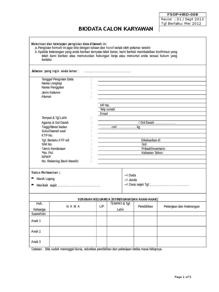 Biodata Pelamar FSOP HRD 008 | PDF