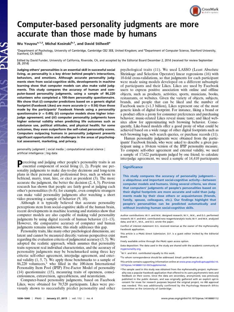 Computer-Based Personality Judgments Are More Accurate Than Those Made ...