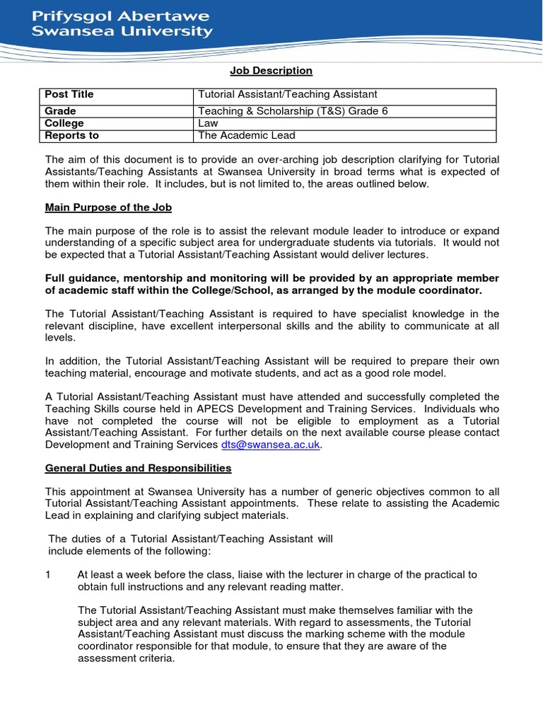 Tutorial Assistant Teaching Assistant | PDF | Lecturer | Teaching Assistant