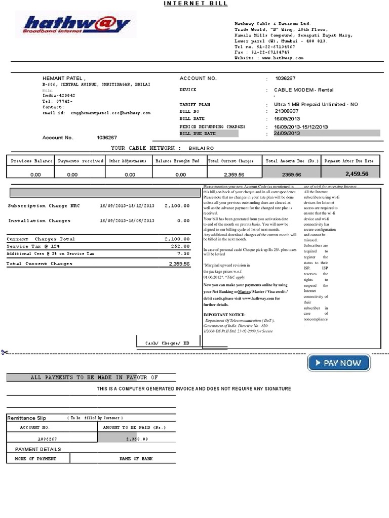 Hathway Bill | PDF | Payments | Cheque