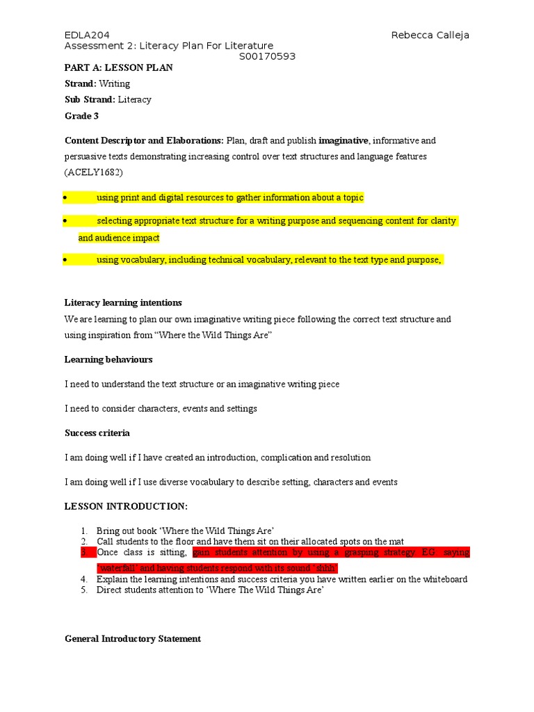 Literacy Plan: Wild Things Writing | PDF | Lesson Plan | Literacy