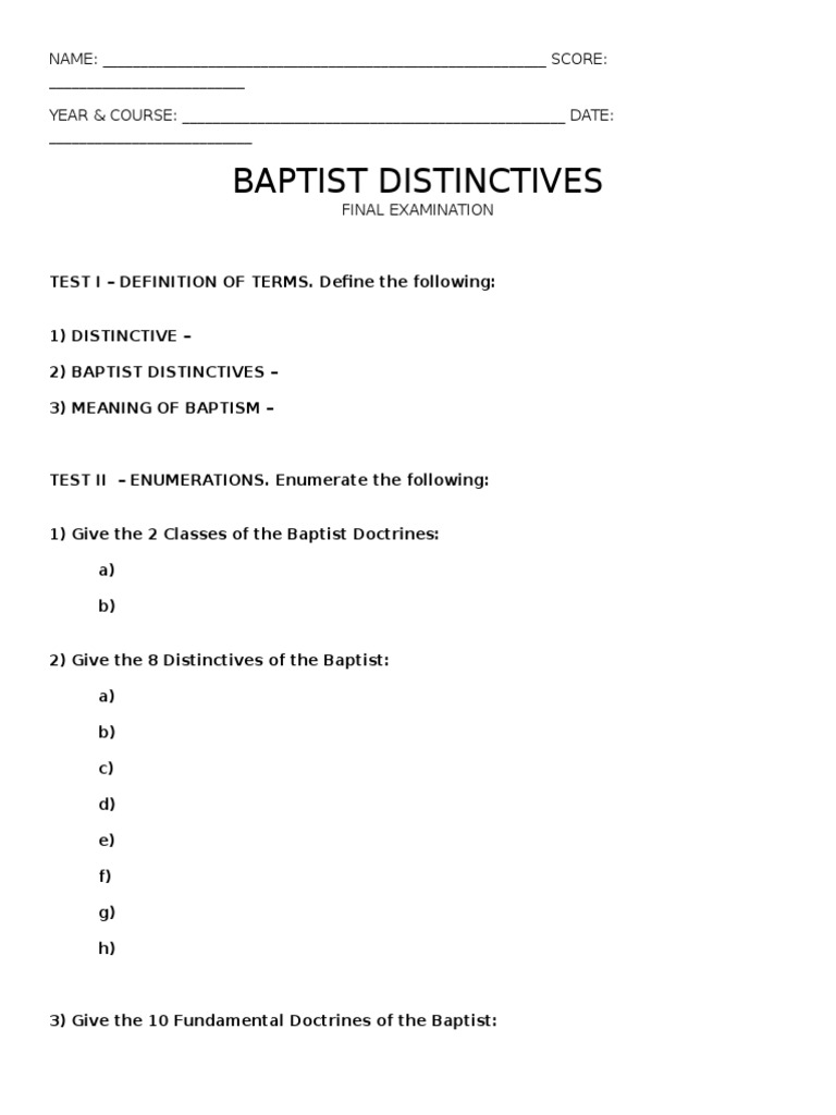 Baptist Distinctives Exam Guide | PDF | Baptists | Baptism