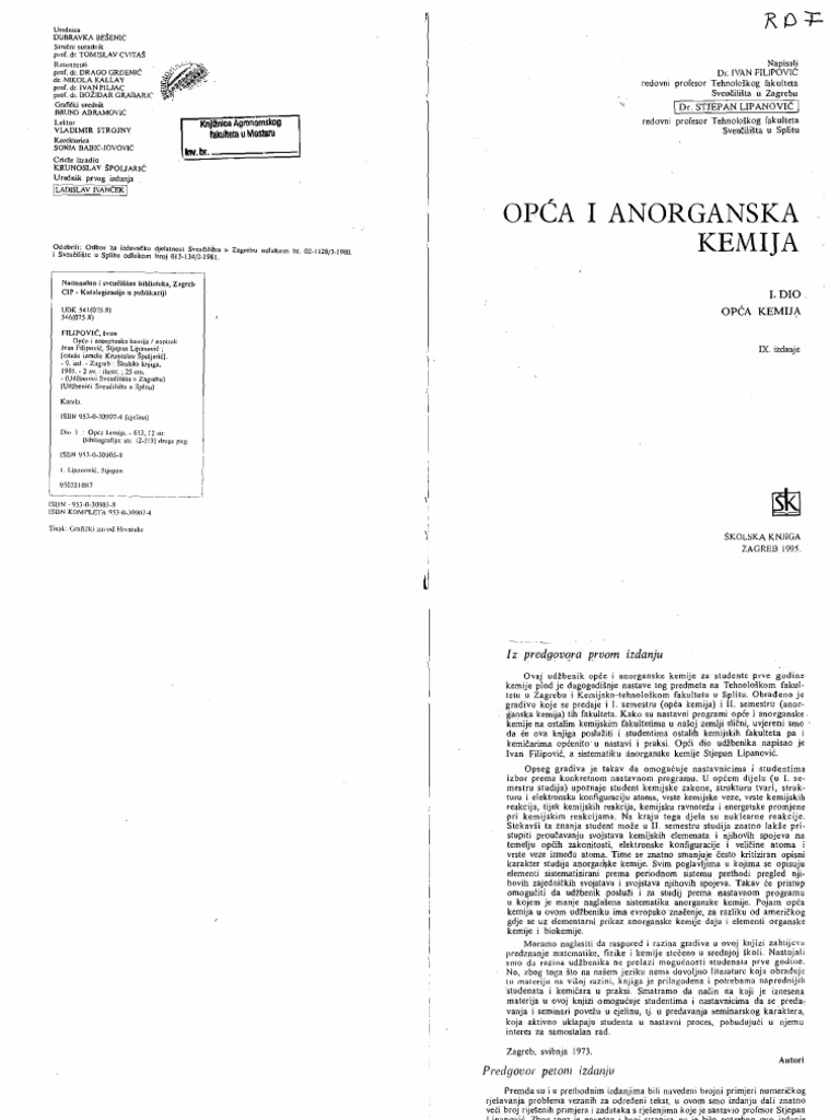 Opca I Anorganska Kemija Filipovic-Lipanovic PDF | PDF