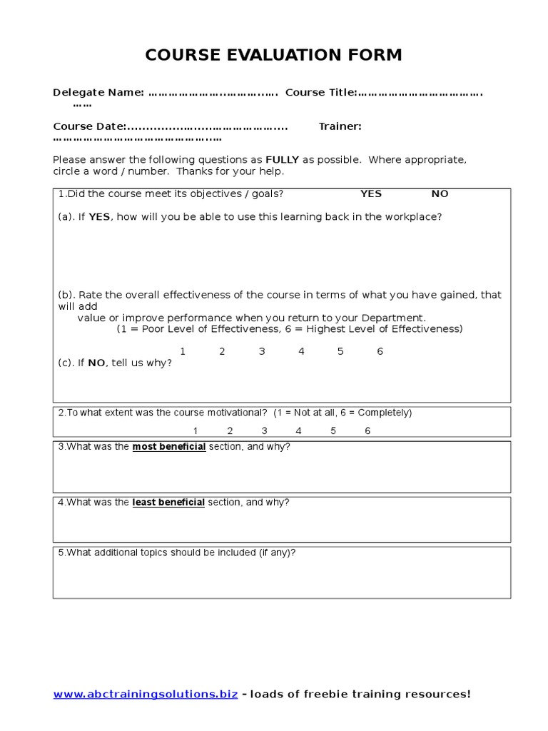 Course Evaluation Forms | Performance Appraisal | Behavioural Sciences