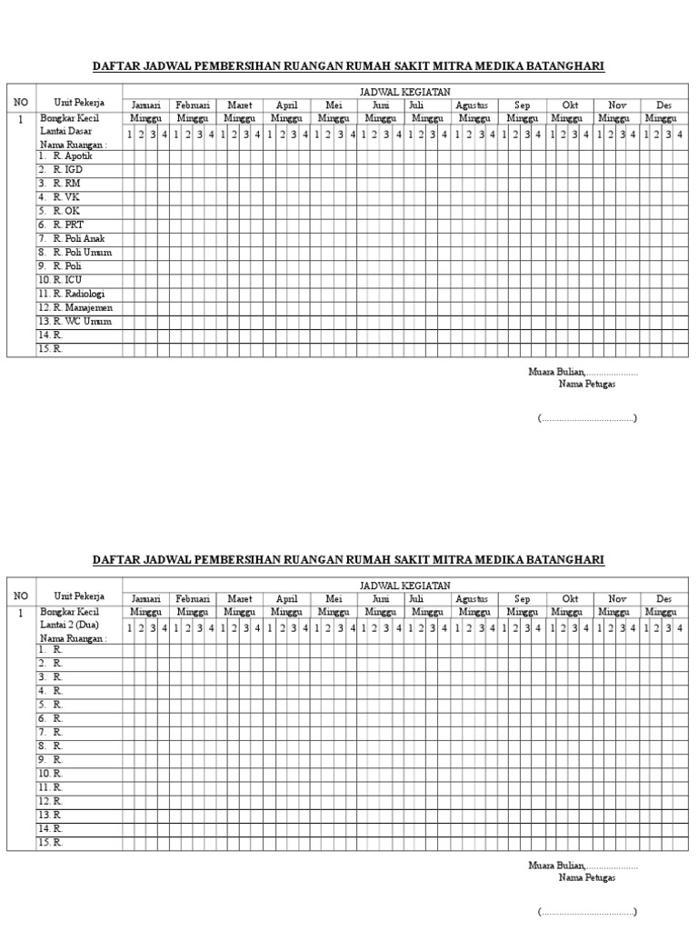 Daftar Jadwal Pembersihan Ruangan Rumah Sakit Mitra Medika Batanghari | PDF Daftar Jadwal Pembersihan Ruangan Rumah Sakit Mitra Medika Batanghari | PDF