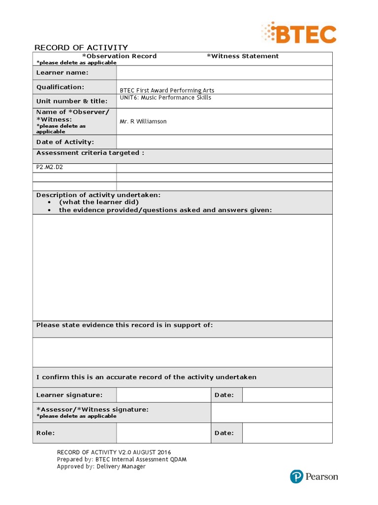 BTEC Record of Practical Activity for Merge