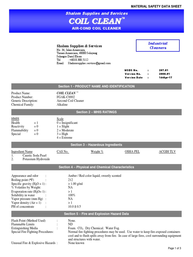 Coil Cleaner MSDS and Safety Information | PDF | Water | Chemical ...