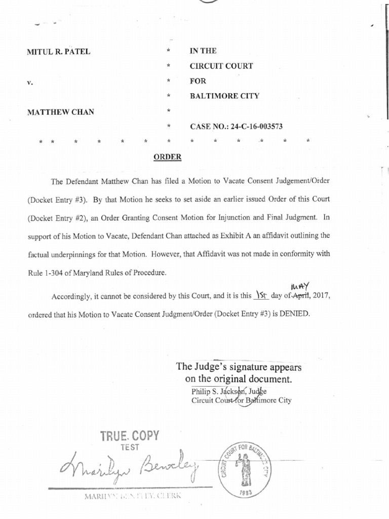Patel v. Chan: Defendant Motion To Vacate Denied (Affidavit Issue) | PDF
