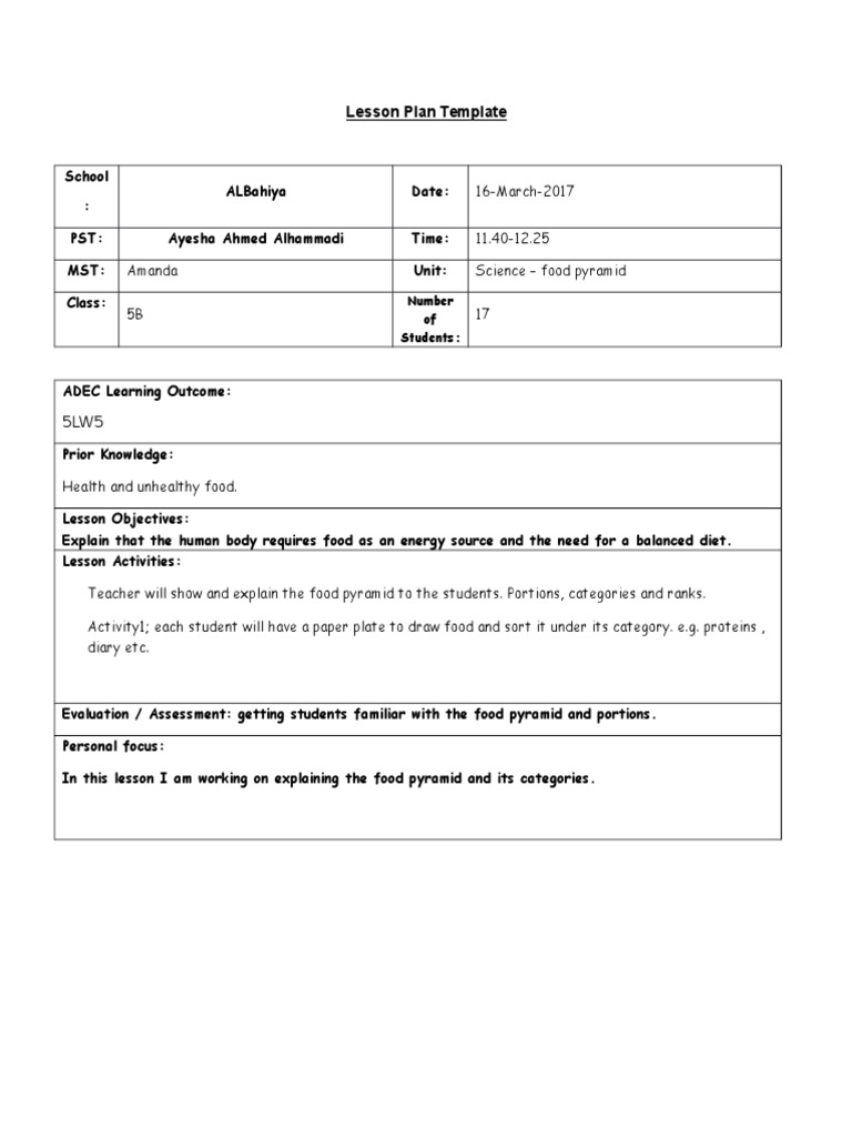 Lesson Plan Food Pyramid | PDF