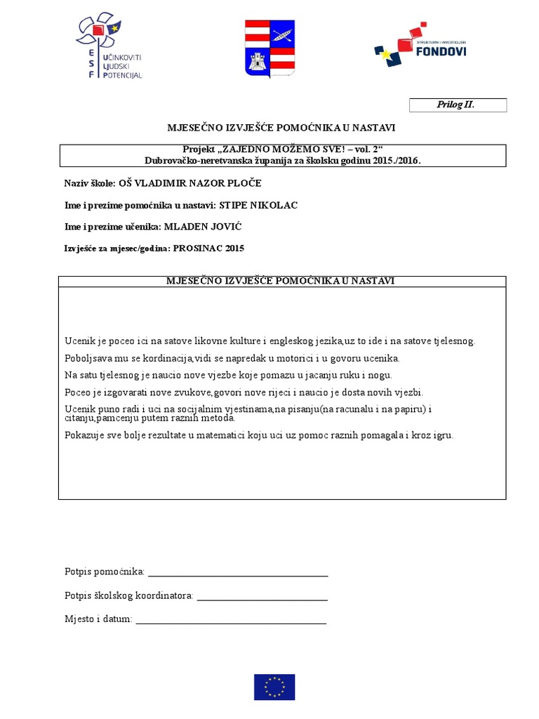 Prilog 2. Mjesečno Izvješće Pomoćnika u Nastavi