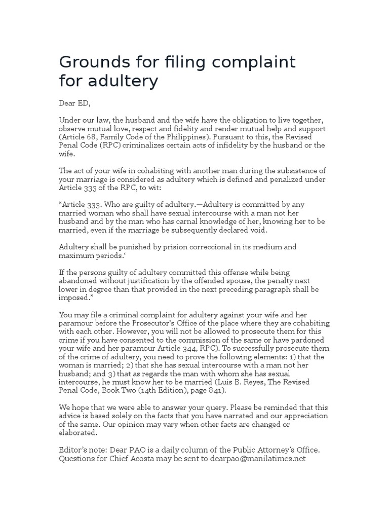 Grounds For Filing Complaint For Adultery | PDF
