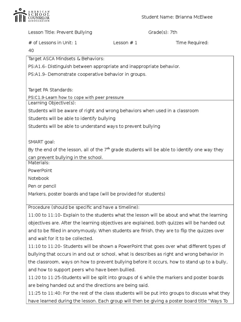 Asca Lesson Plan Template DB | PDF | Bullying | School Counselor