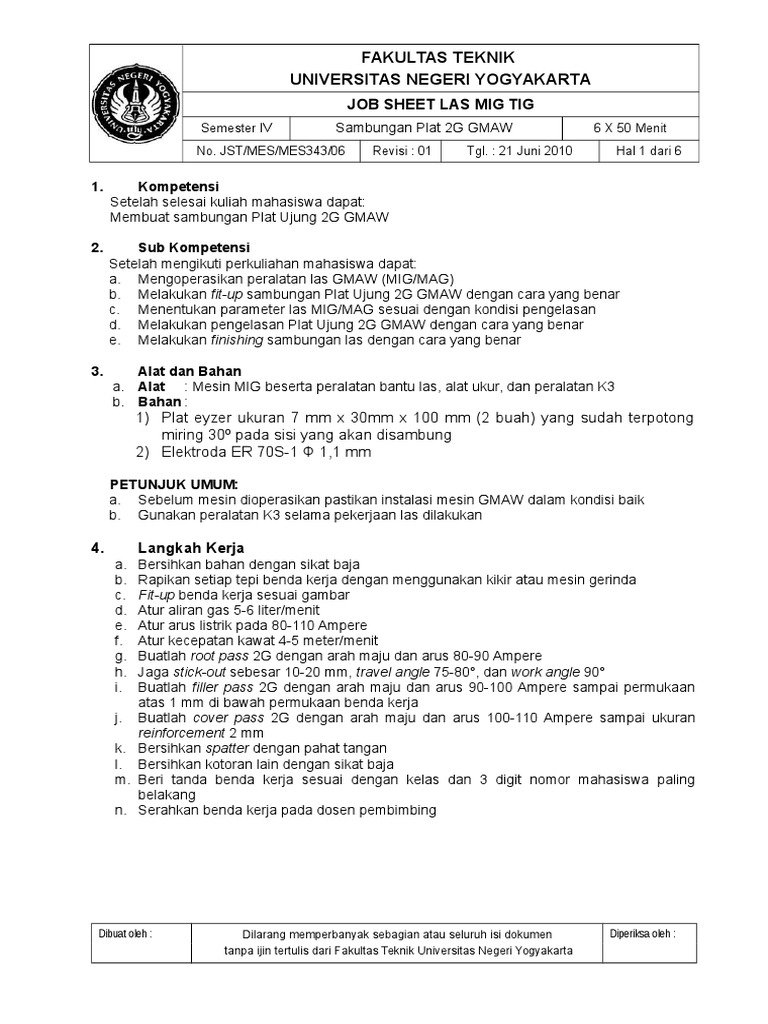 Job Sheet Las 2G GMAW UNY | PDF