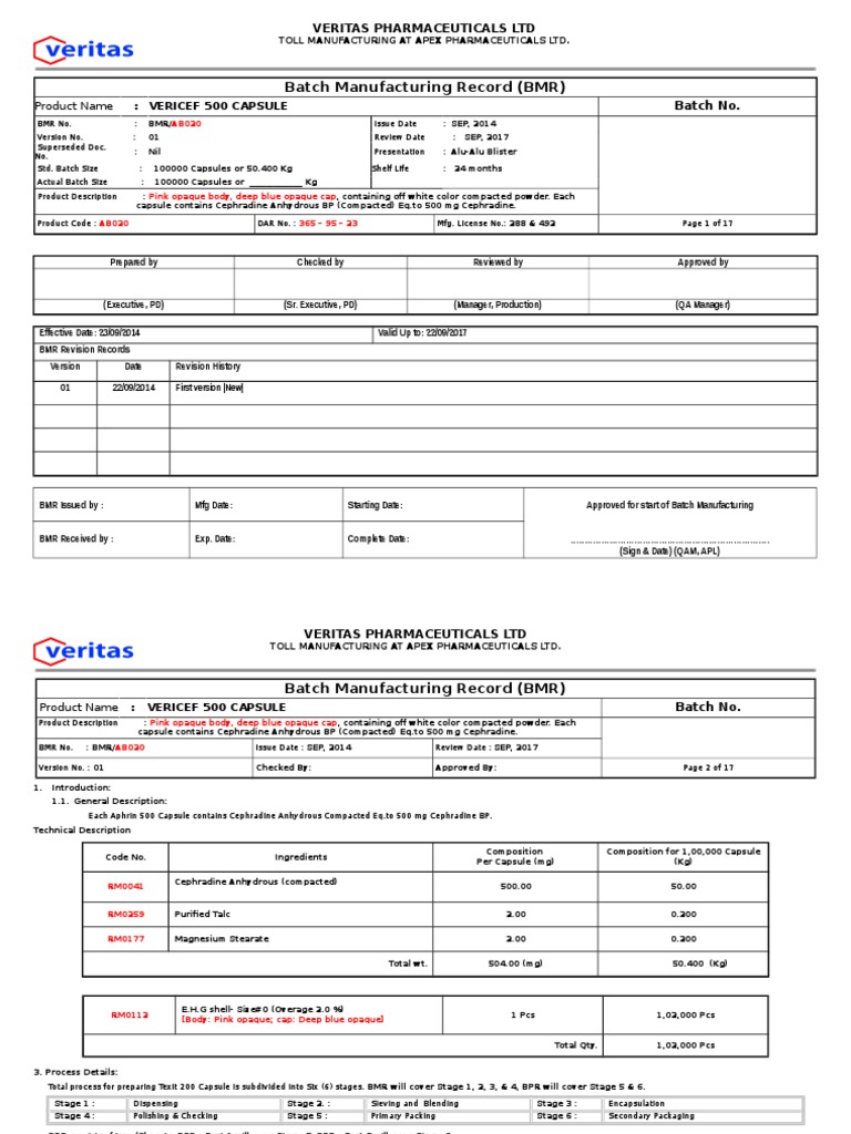 BMR of Vericef 500capsule | PDF | Chemical Substances | Industries