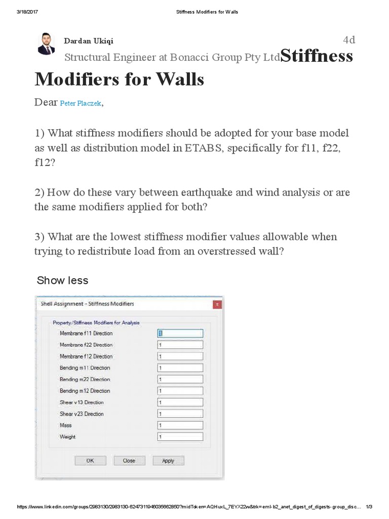 1. Stiffness Modifiers for Walls ETABS | Mechanics | Applied And ...