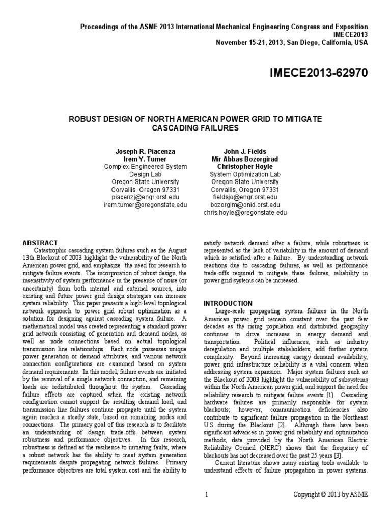 IMECE2013-62970: Robust Design of North American Power Grid To Mitigate Cascading Failures | PDF ...