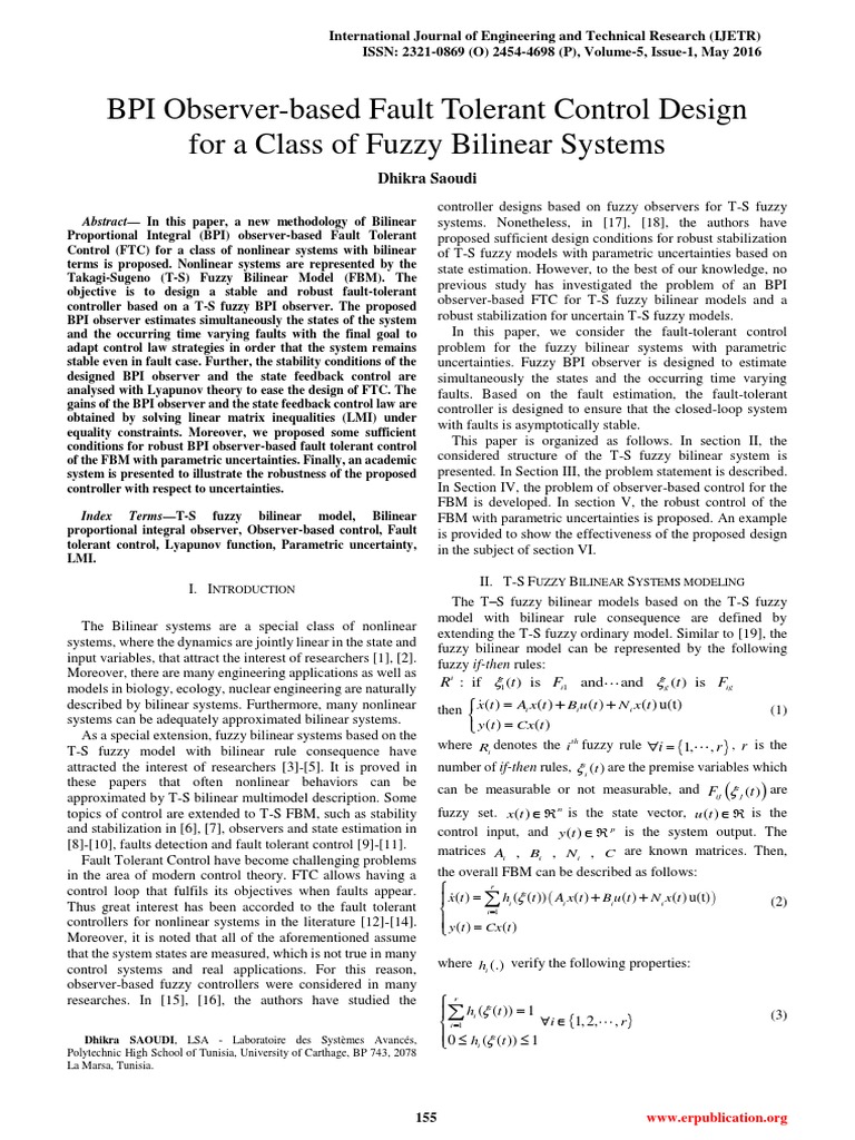 Bpi Observer Based Fault Tolerant Control Design For A Class Of Fuzzy Bilinear Systems Pdf