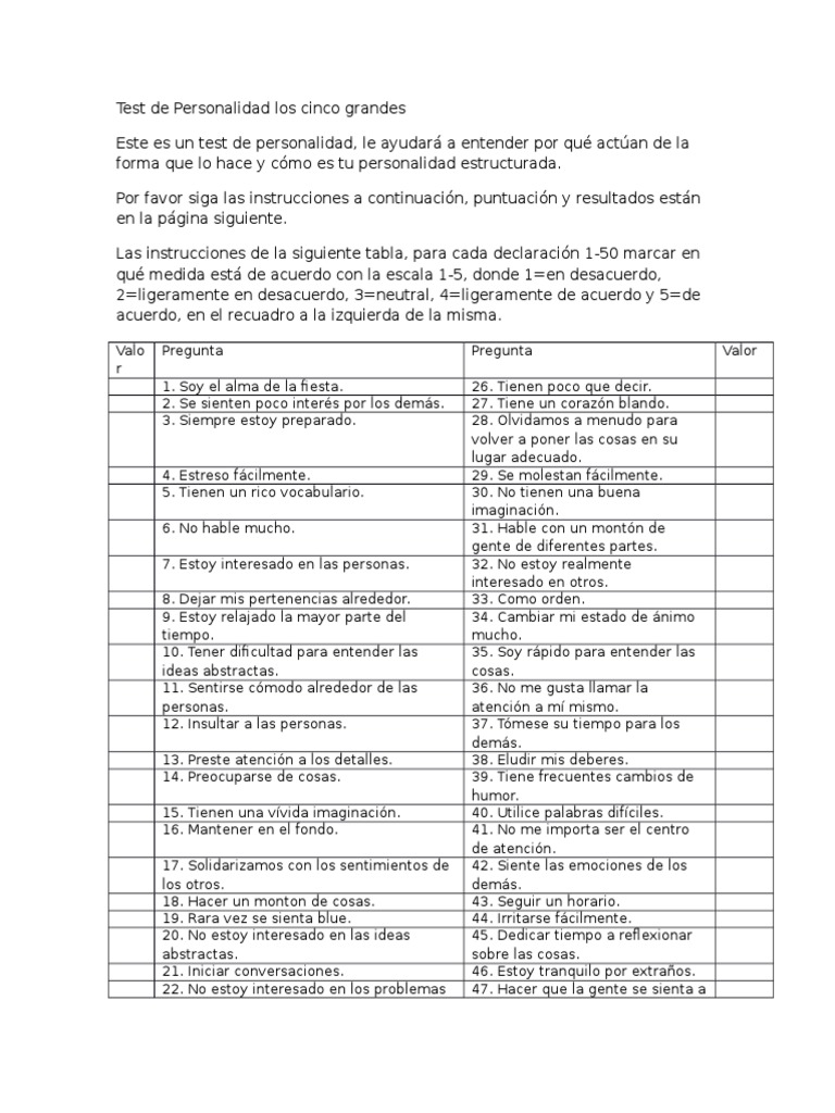 Test de Personalidad Los Cinco Grandes | PDF