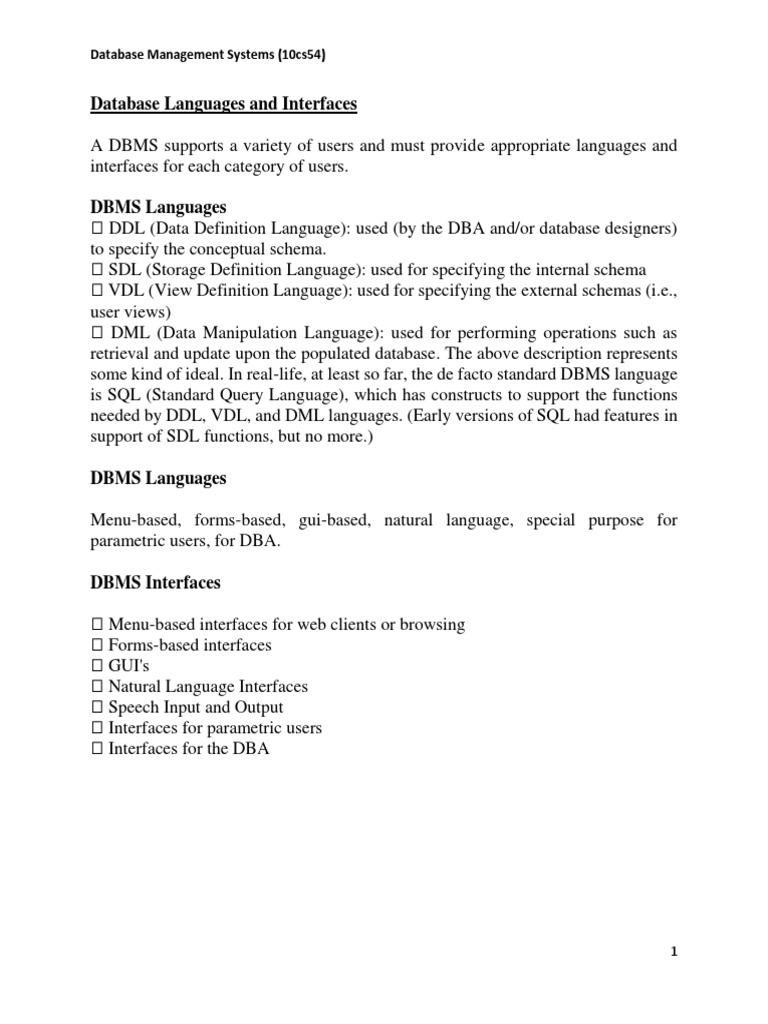 Overview Of Dbms Languages And Interfaces Pdf Technology Engineering