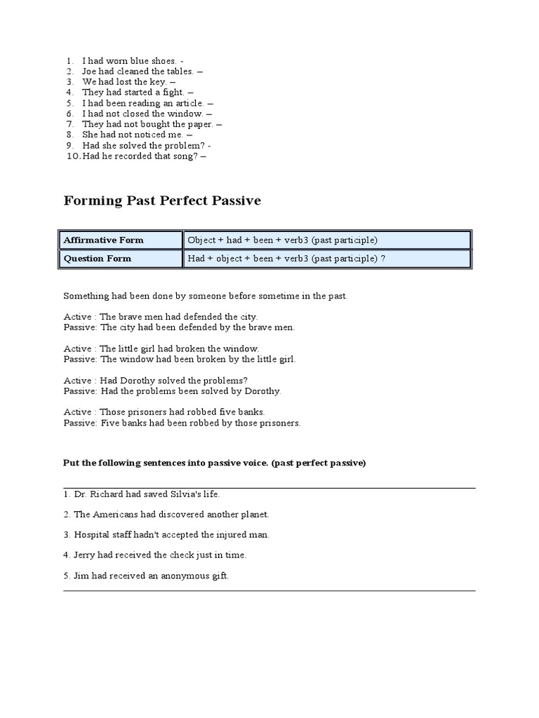 Past Perfect Passive Form Examples and Exercises | PDF