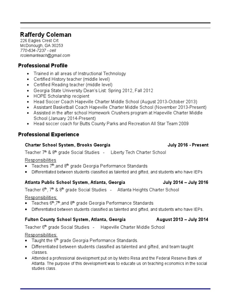 Rafferdy Coleman Resume Updated | PDF | State School | Georgia (U.S. State)