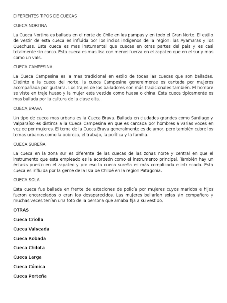 Tipos de Cueca Chilena: Estilos y Orígenes | PDF