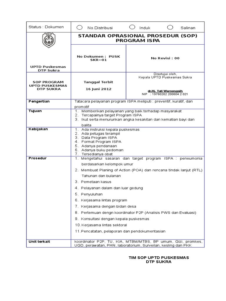 Standar Operasional Prosedur (SOP) Program ISPA UPTD Puskesmas DTP Sukra | PDF