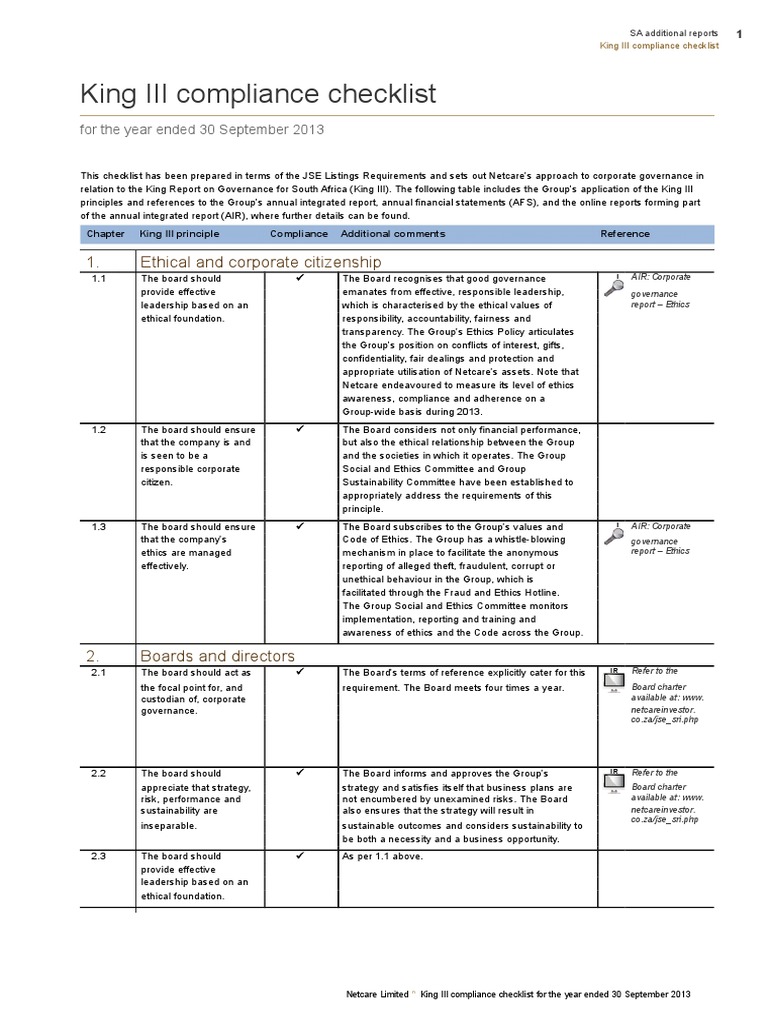 King III Compliance Checklist: 1. Ethical and Corporate Citizenship ...