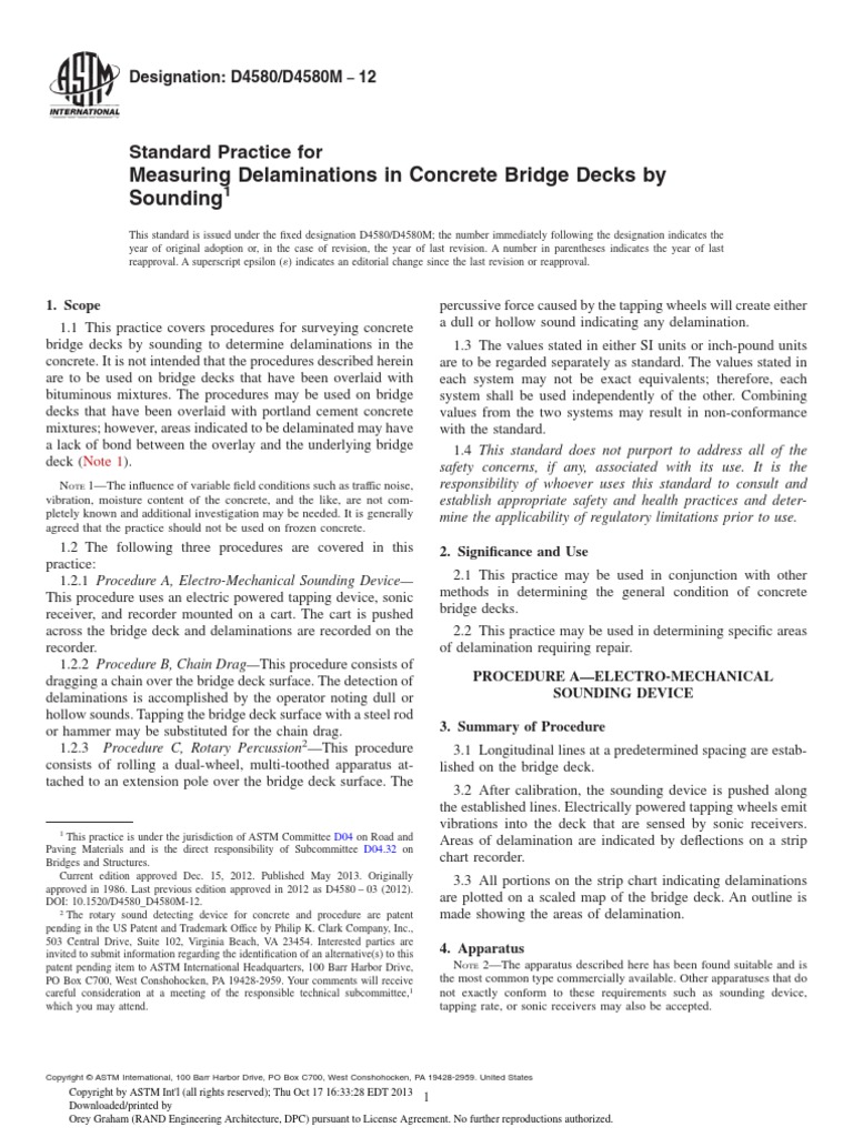 ASTM D4580-12 Standard Practice For Measuring Delaminations in Concrete Bridge Decks by Sounding ...