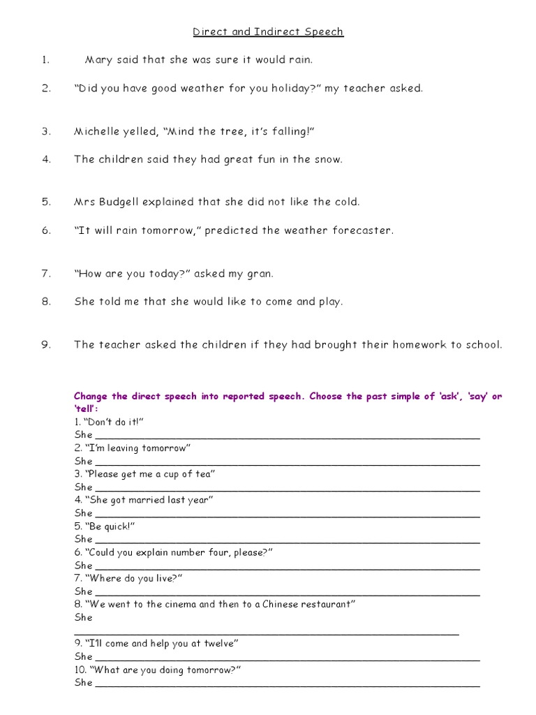 Direct and Indirect Speech Worksheet | PDF