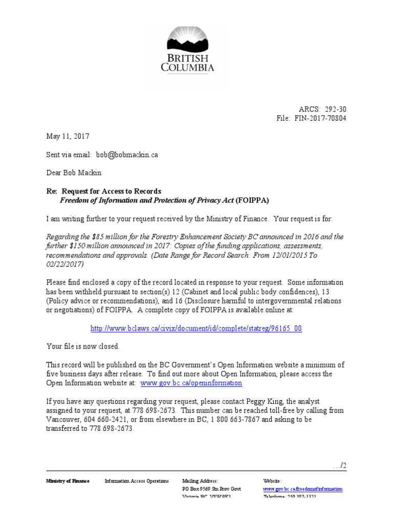 Re: Request For Access To Records: Freedom of Information and ...